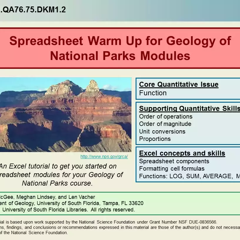 Spreadsheet Warm Up for SSAC Geology of National Parks Modules